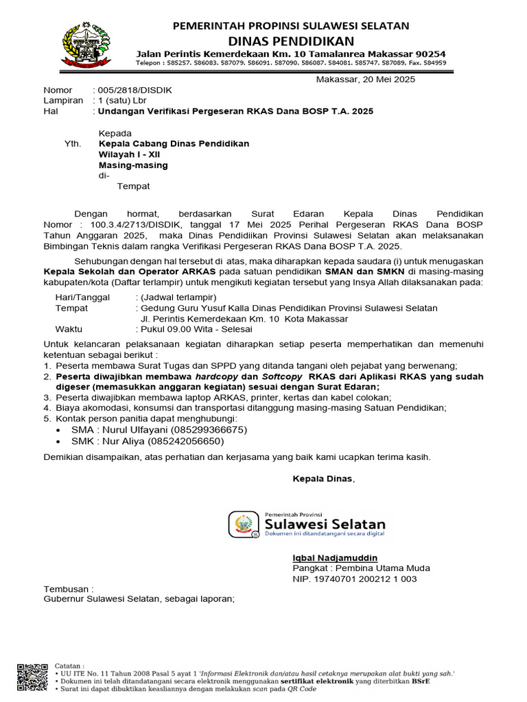 Surat Undangan Verifikasi RKAS Dana BOSP Tahun 2025 | PDF