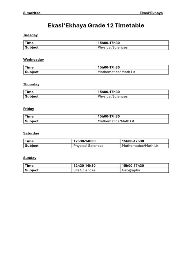Updated Grade 12 Timetable | PDF