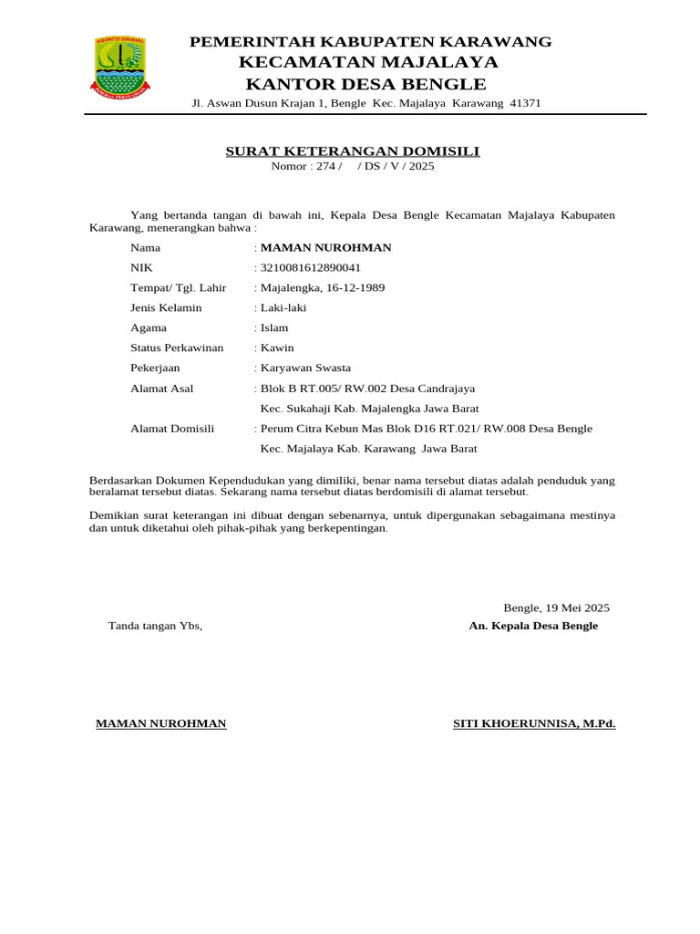 Surat Keterangan Domisili Desa Bengle | PDF