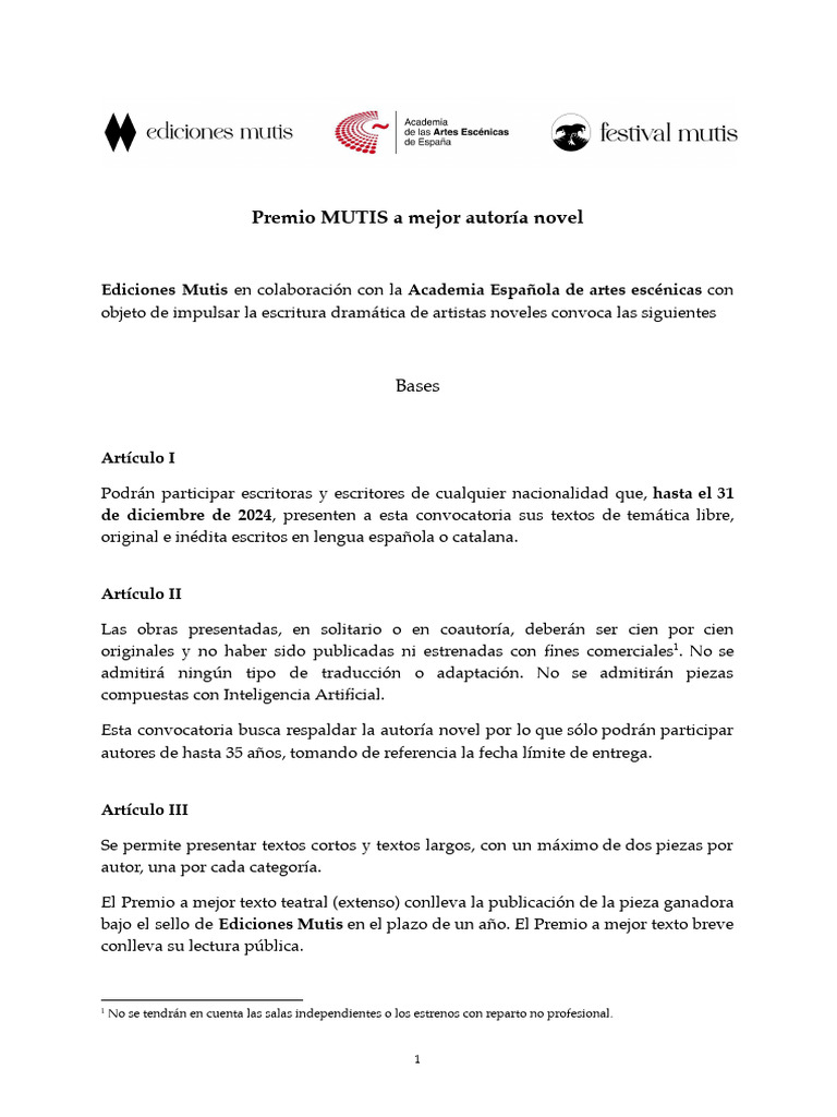 Bases Premios de Texto Ediciones Mutis 2025 | PDF