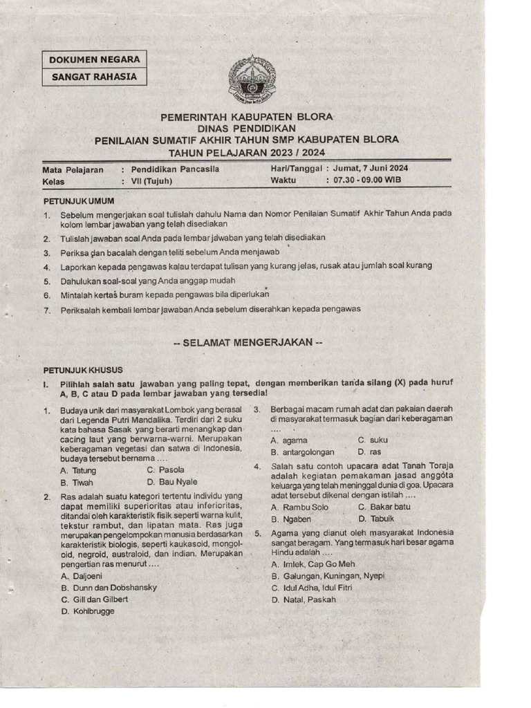 Psas Genap Vii P Pancasila 2324 | PDF