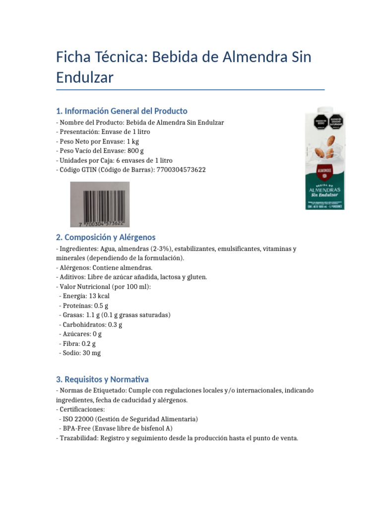 Ficha Tecnica Bebida Almendra | PDF