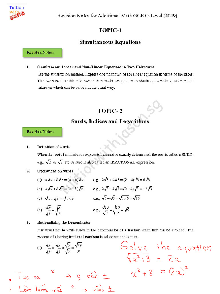Revision Notes For A Math GCE O Level 4049 For Website Edited 1 Sep 22 ...