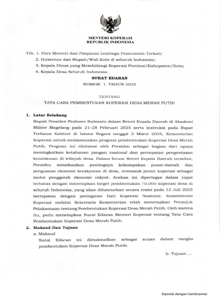 Surat Edaran Menteri Koperasi Nomor 1 Tahun 2025 Tentang Tata Cara Pembentukan Koperasi Desa ...