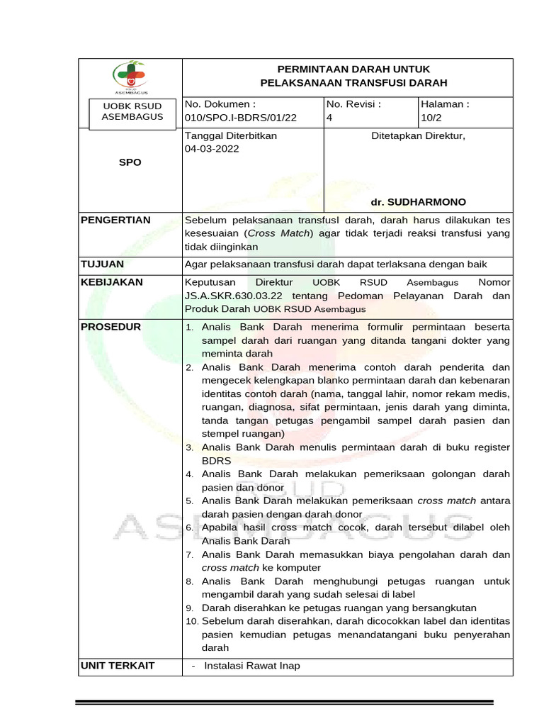 Sop Permintaan Darah Untuk Tranfusi | PDF