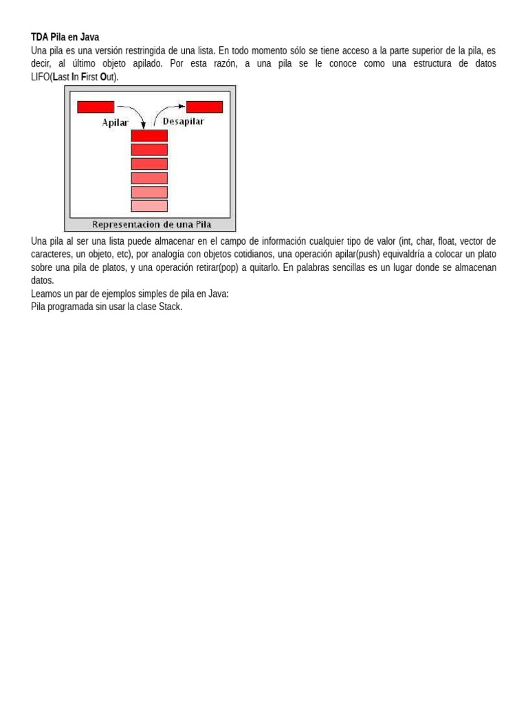 TDA Pila en Java | PDF | Cola (tipo de datos abstractos) | Programación de computadoras