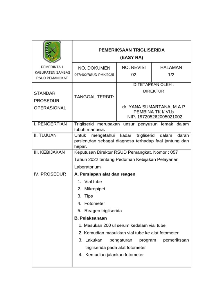 Prosedur Pemeriksaan Trigliserida RSUD Pemangkat | PDF