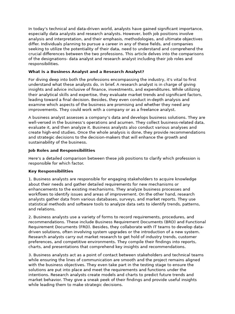 Business Analyst Vs Research Analyst - Job Roles 0 Responsibilities ...