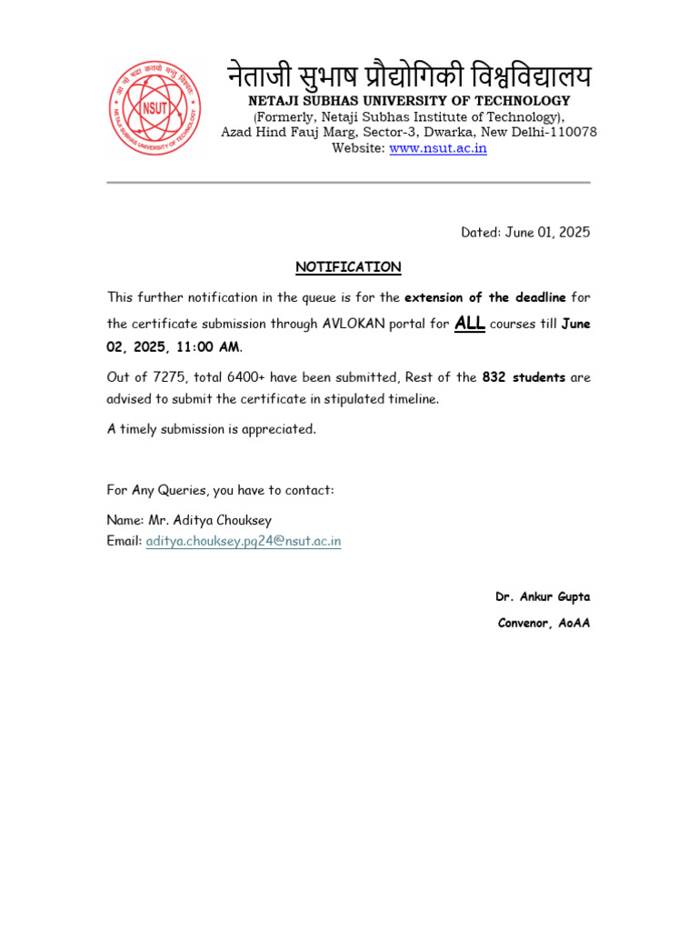 NPTEL Submission Extension NOTICE | PDF