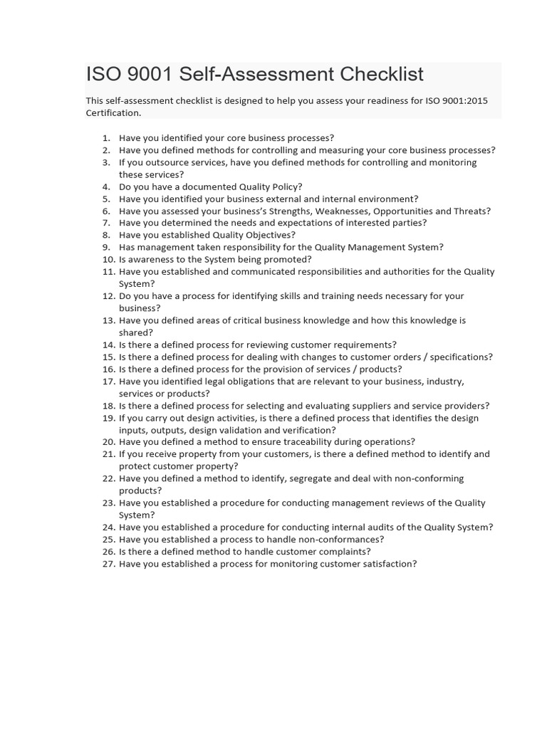 ISO 9001 Self-Assessment Guide | PDF | Quality Management System ...