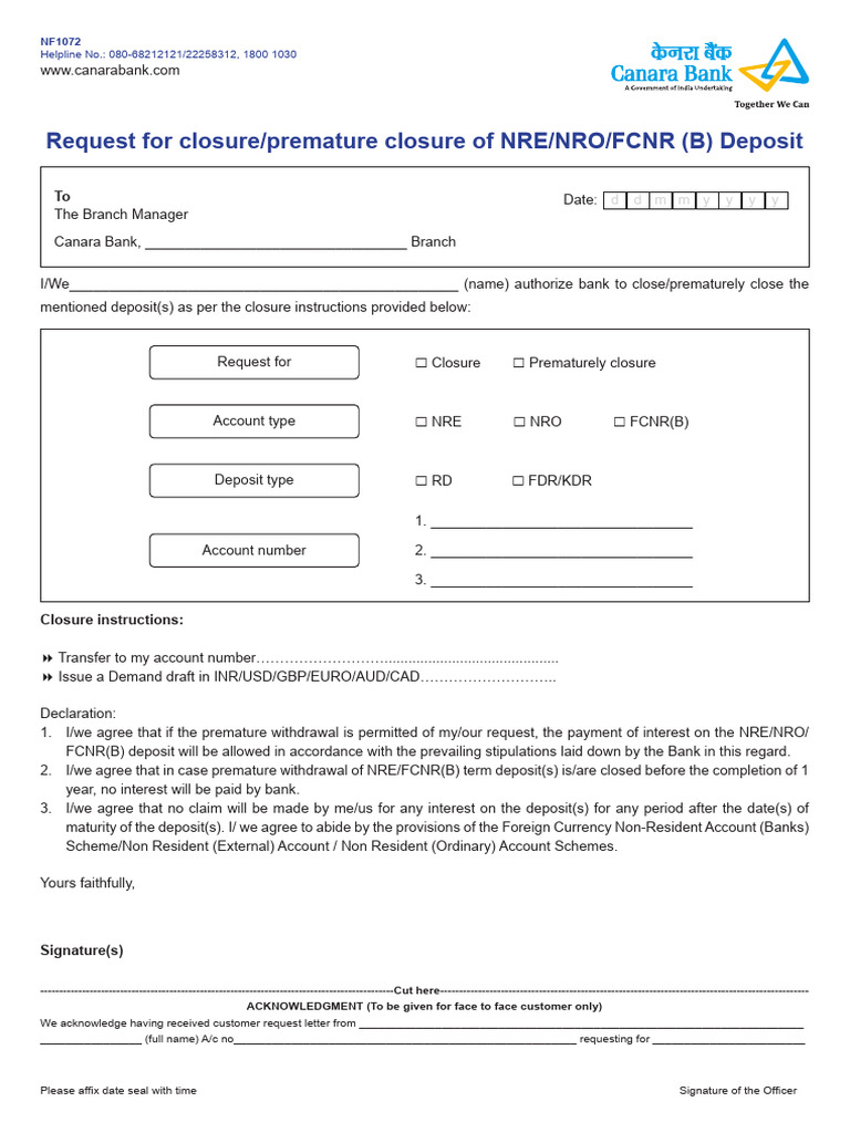 Request For Closure Premature Closure of NRE NRO FCNR (B) Deposit | PDF ...