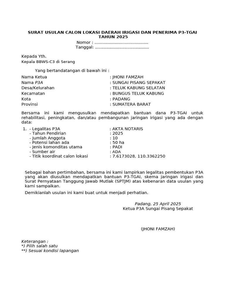 Contoh Surat Usulan P3-TGAI Tks | PDF