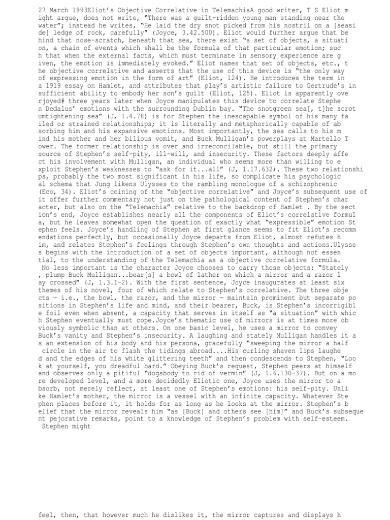 Objective Correlative In Ts Eliots Telemachia Pdf T S Eliot James Joyce