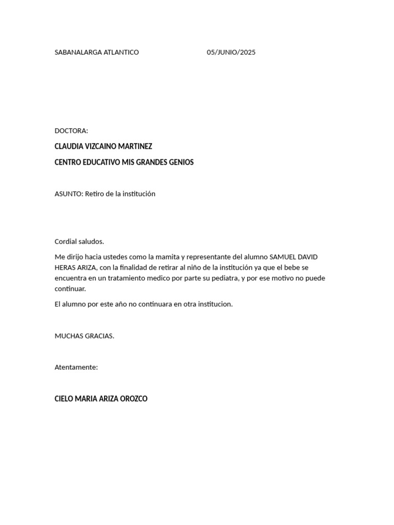 Carta de Retiro de Samuel David Ariza | PDF