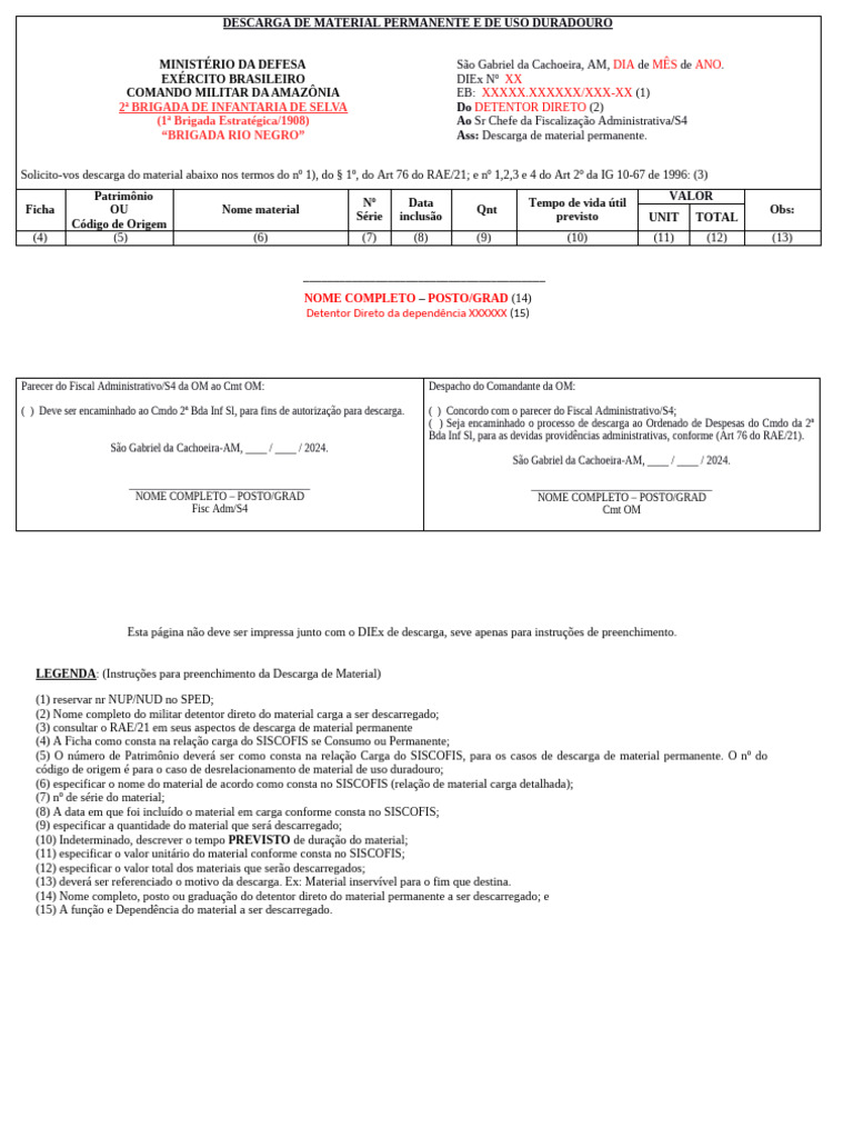 Modelo de DIEX de Descarga de Material Permanente - 22º Pel PE, 2º Pel Com SL, Cia Cmdo | PDF ...