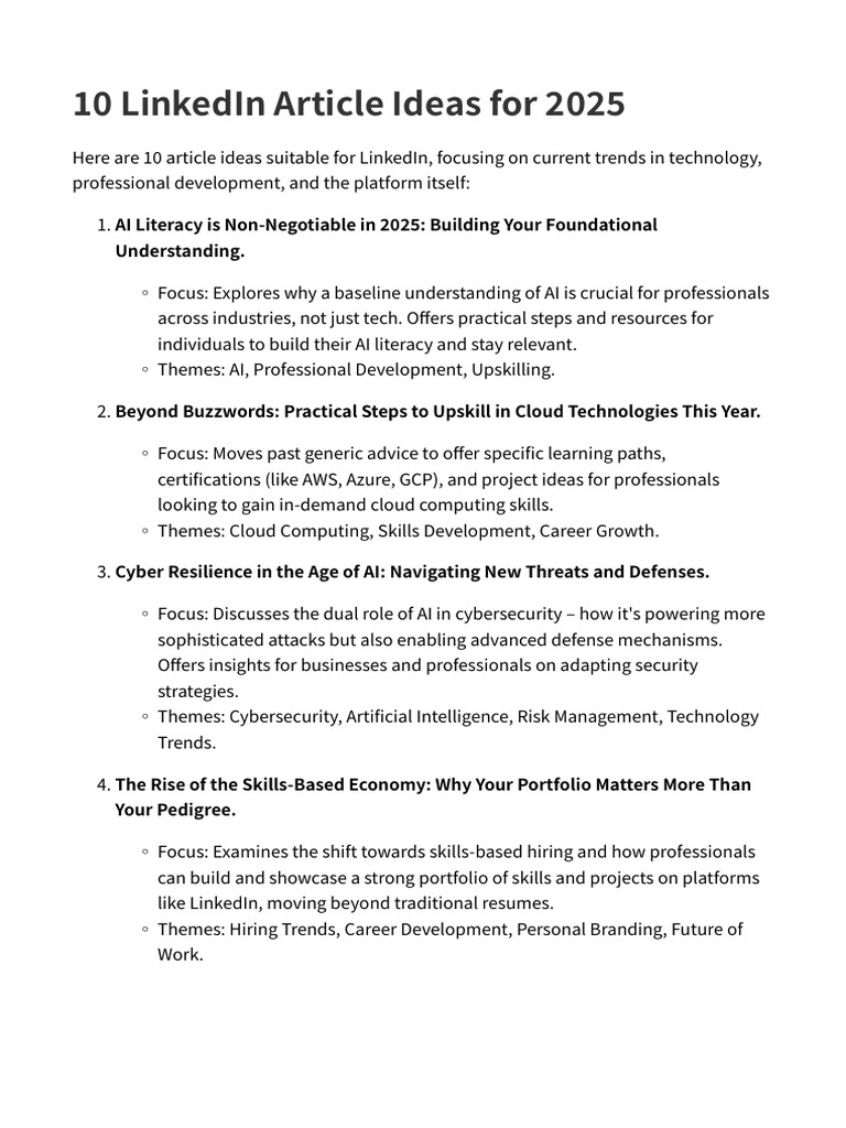 LinkedIn Article Ideas for 2025 | PDF | Artificial Intelligence ...