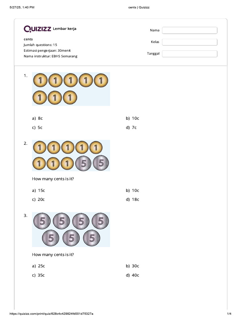 Cents Worksheet 1 | PDF