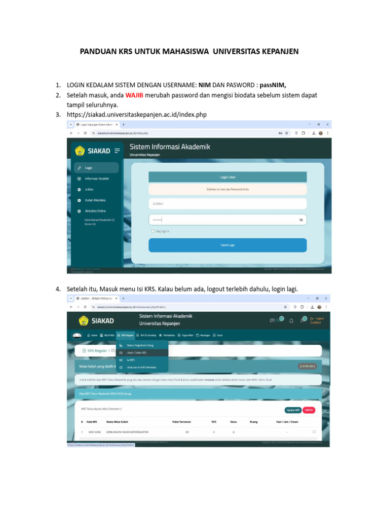 Panduan Mengisi Krs Di Siakad Untuk Mahasiswa Universitas Kepanjen | PDF