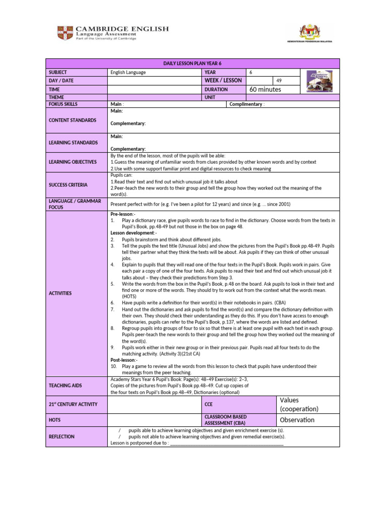 RPH Bi Year 6 v2 (LP 49-64 Unit 4 Cool Jobs) | PDF | Lesson Plan | Teachers