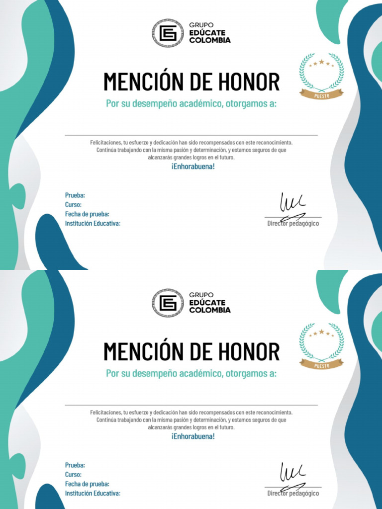 Certificado de Honor Inem Julian Motta Salas 10-1-JM | PDF