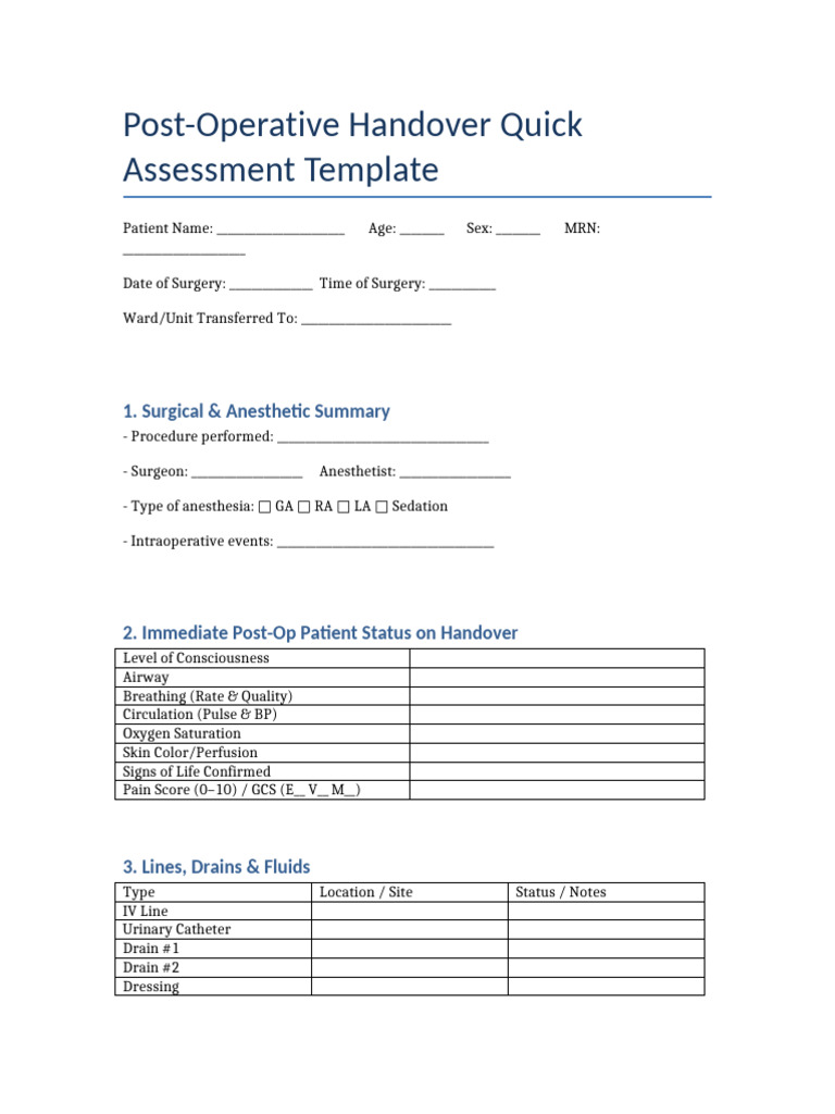 Post Op Handover Assessment Template | PDF