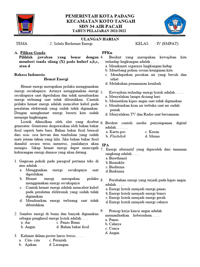 Soal PH Tema 2 Kelas 4 TP 20212022 | PDF