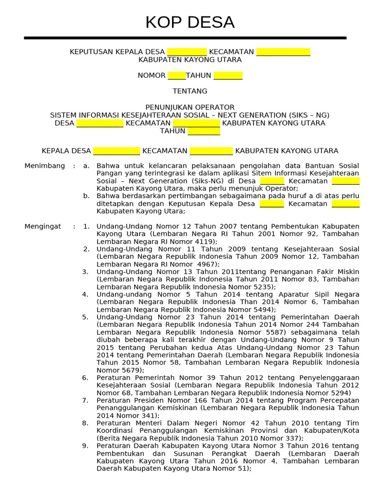 Penunjukan Operator SIKS-NG Desa | PDF