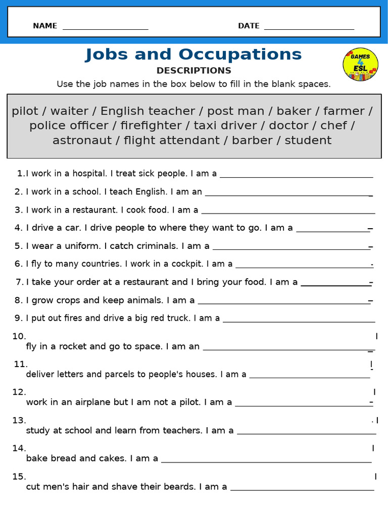 Jobs and Occupations Worksheet Job Descriptions | PDF