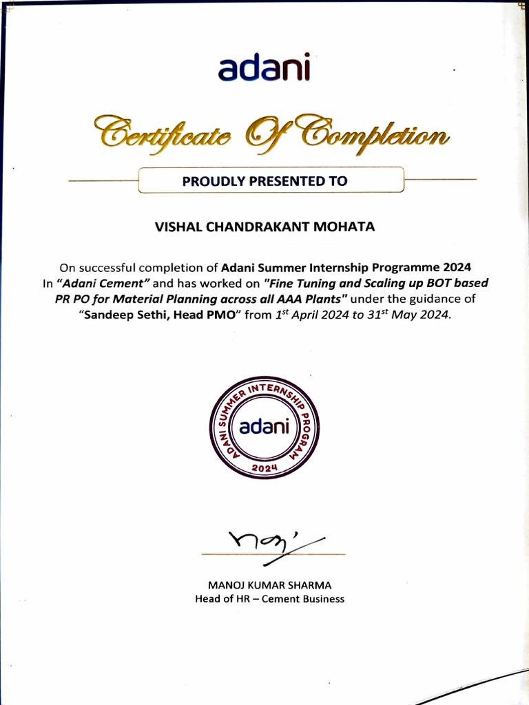 Summer Internship Adani Certificate | PDF
