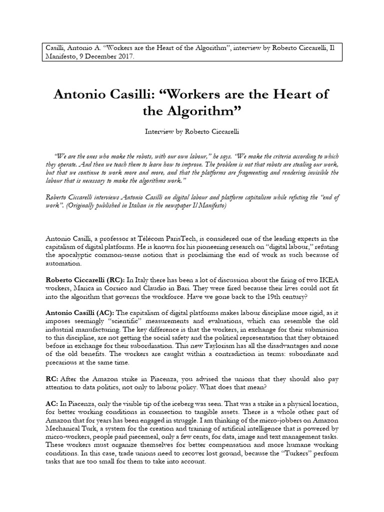 Antonio Casilli Workers Are The Heart of | PDF | Artificial ...