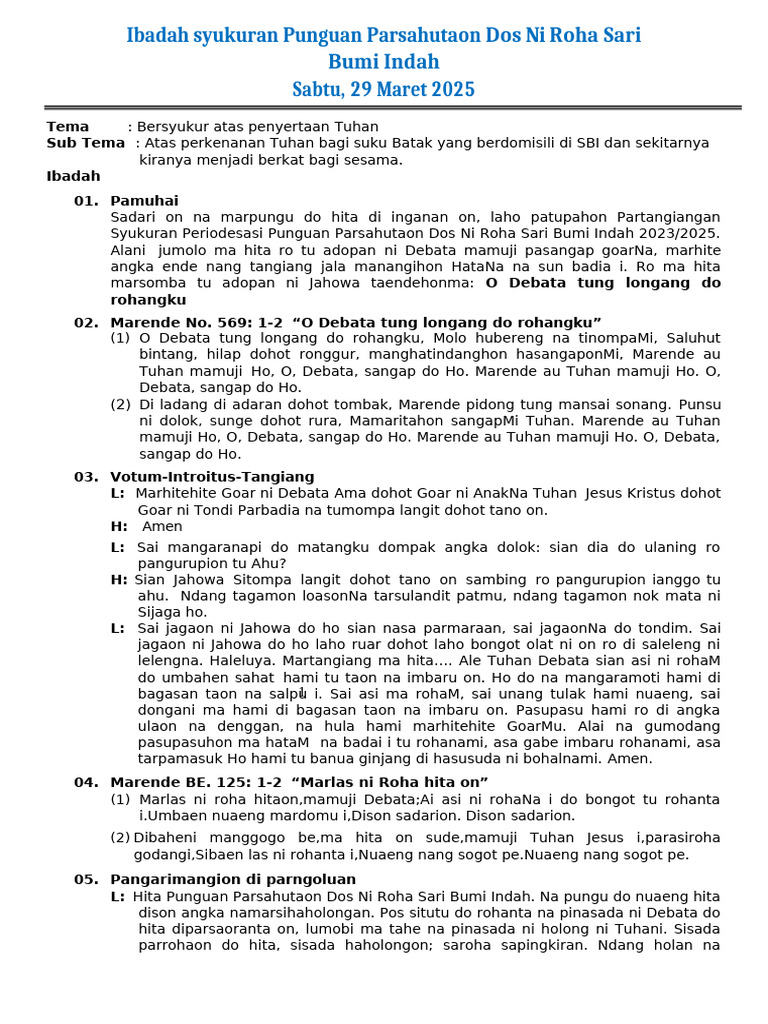 Ibadah Bona Taon Punguan Dos Ni Roha 1 | PDF
