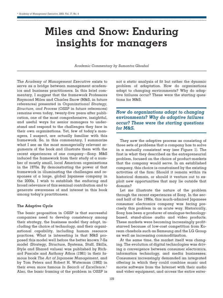 Miles and Snow Article by Ghoshal | Sony | Strategic Management