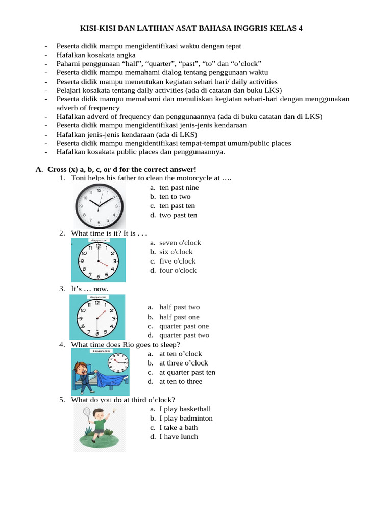 KISI KISI Dan Latihan Soal ASAT BAHASA INGGRIS KELAS 4 | PDF