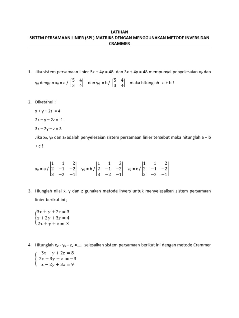 Soal Latihan SPL Dengan Metode Invers Dan Crammer | PDF