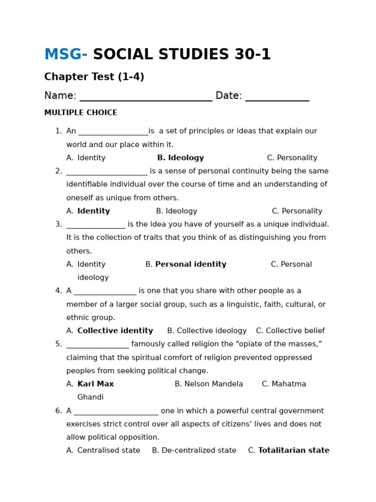 Social Studies 30-1 Chapter Test Review | PDF | Socialism | Individualism
