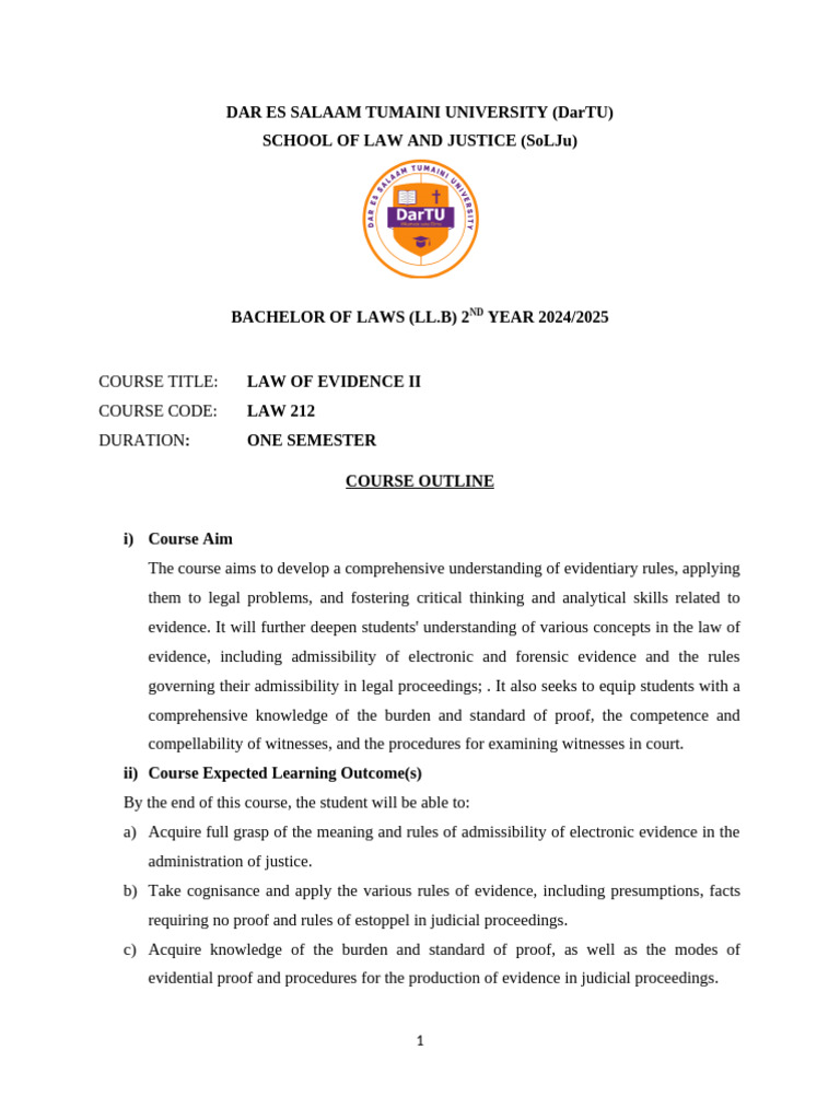 Law of Evidence II Course Outline | PDF | Witness | Evidence (Law)