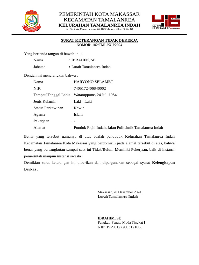 Surat Keterangan Belum Bekerja Pasangan | PDF