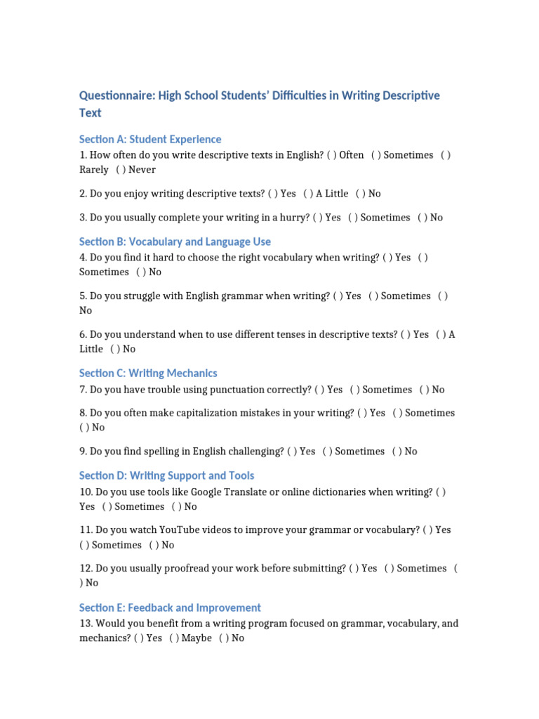 Questionnaire Descriptive Text Writing High School | PDF