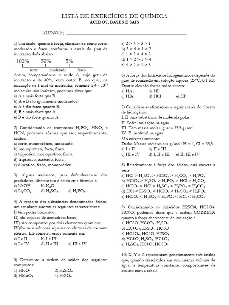 Lista de Exercícios Ácidos Bases e Sais | PDF | Ácido | Ácido clorídrico