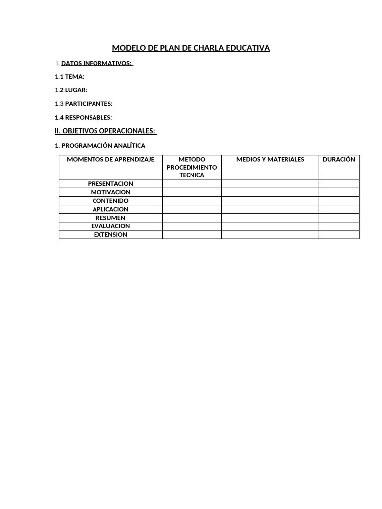 Modelo de Plan de Charla Educativa | PDF