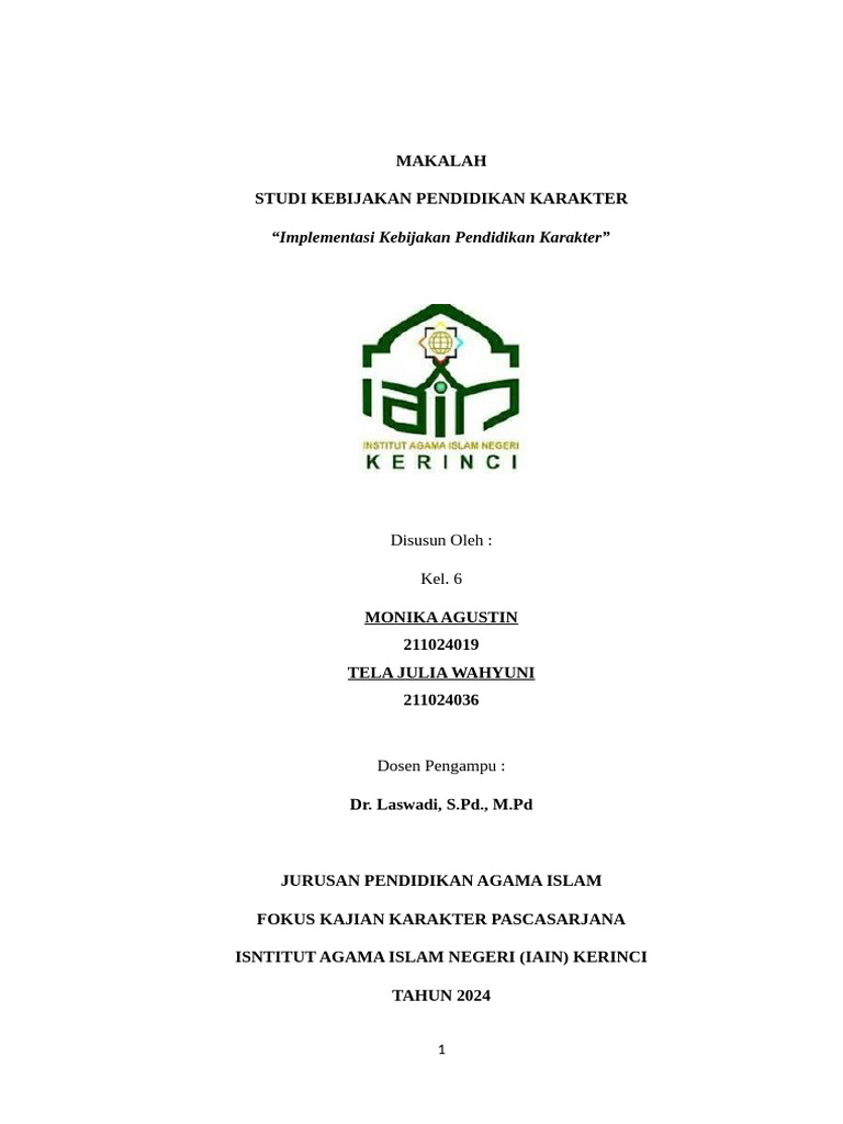 Makalah K.6 Studi Kebijakan Pendidikan Karakter | PDF