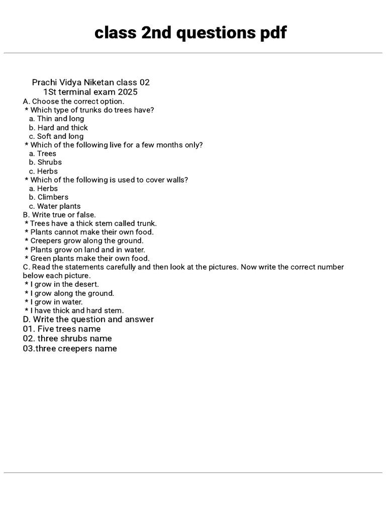 Class 2nd Questions PDF: Prachi Vidya Niketan Class 02 1St Terminal Exam 2025 | PDF
