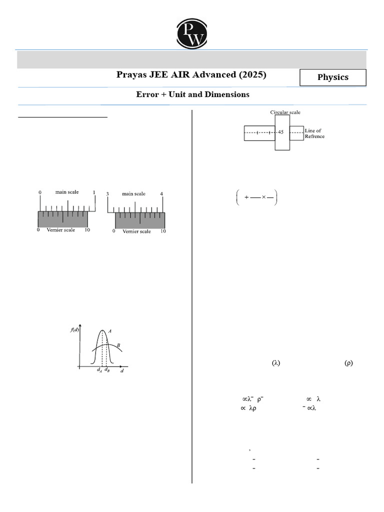 Error + Unit and Dimensions - Practice Sheet (Classwork) - Prayas JEE ...