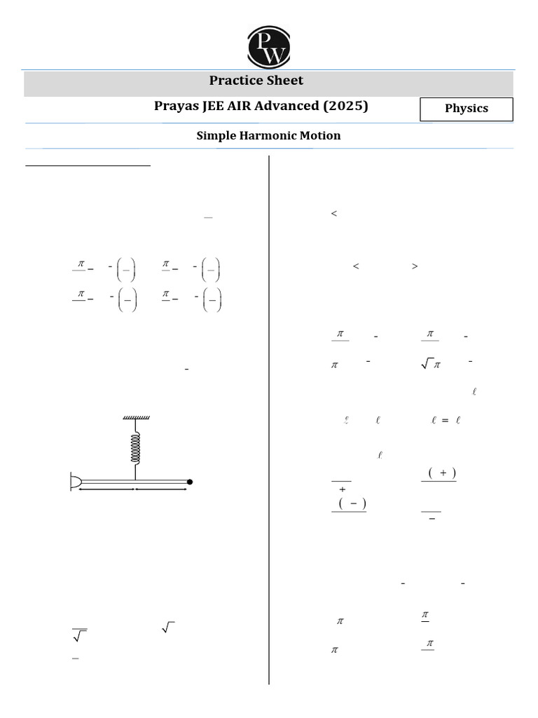 Simple Harmonic Motion - Practice Sheet (Classwork) - Prayas JEE AIR ...