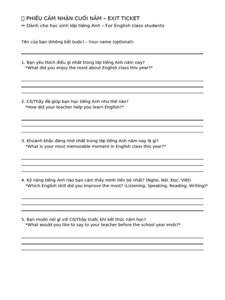 Exit Ticket Song Ngu | PDF