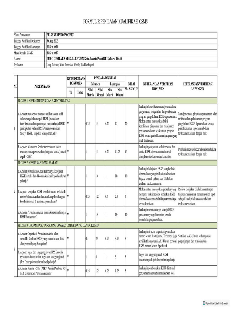 Form Evaluasi Penilaian Kualifikasi CSMS Pertamina - PT Saberindo Pacific | PDF