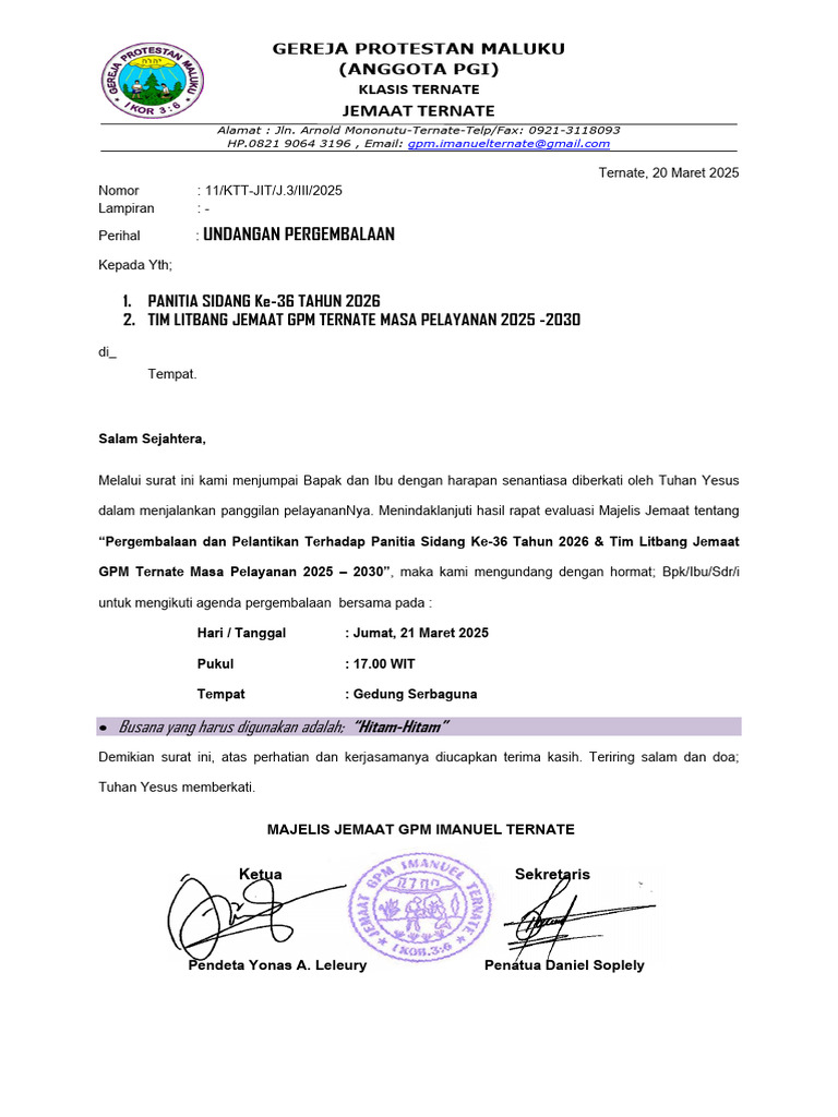 Undangan Pergembalaan GPM Ternate 2025 | PDF
