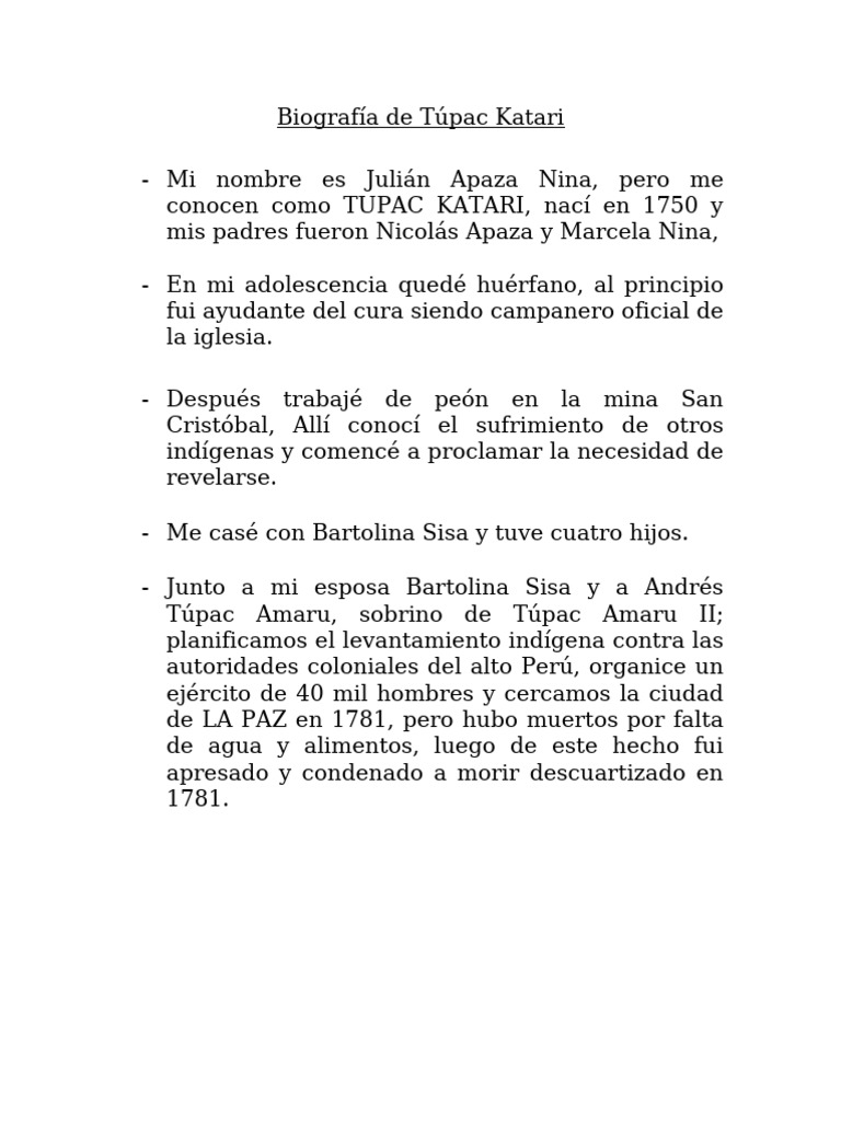 Biografía de Túpac Katari y Bartolina Sisa | PDF