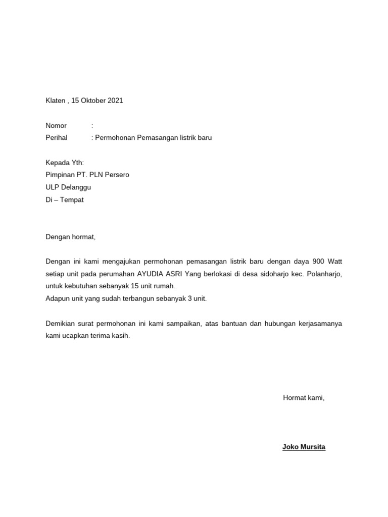 Surat Permohonan Pasang Listrik | PDF