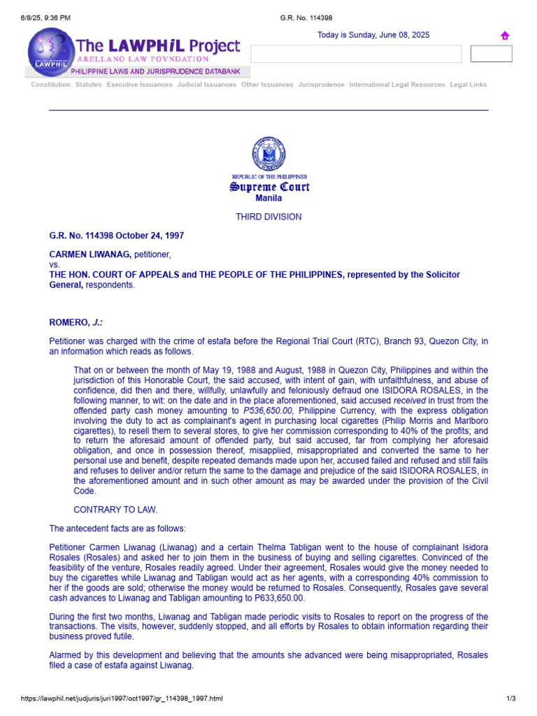3. Liwanag vs. CA, GR No. 114398, Оctober 24, 1997 | PDF | Appeal | Fraud